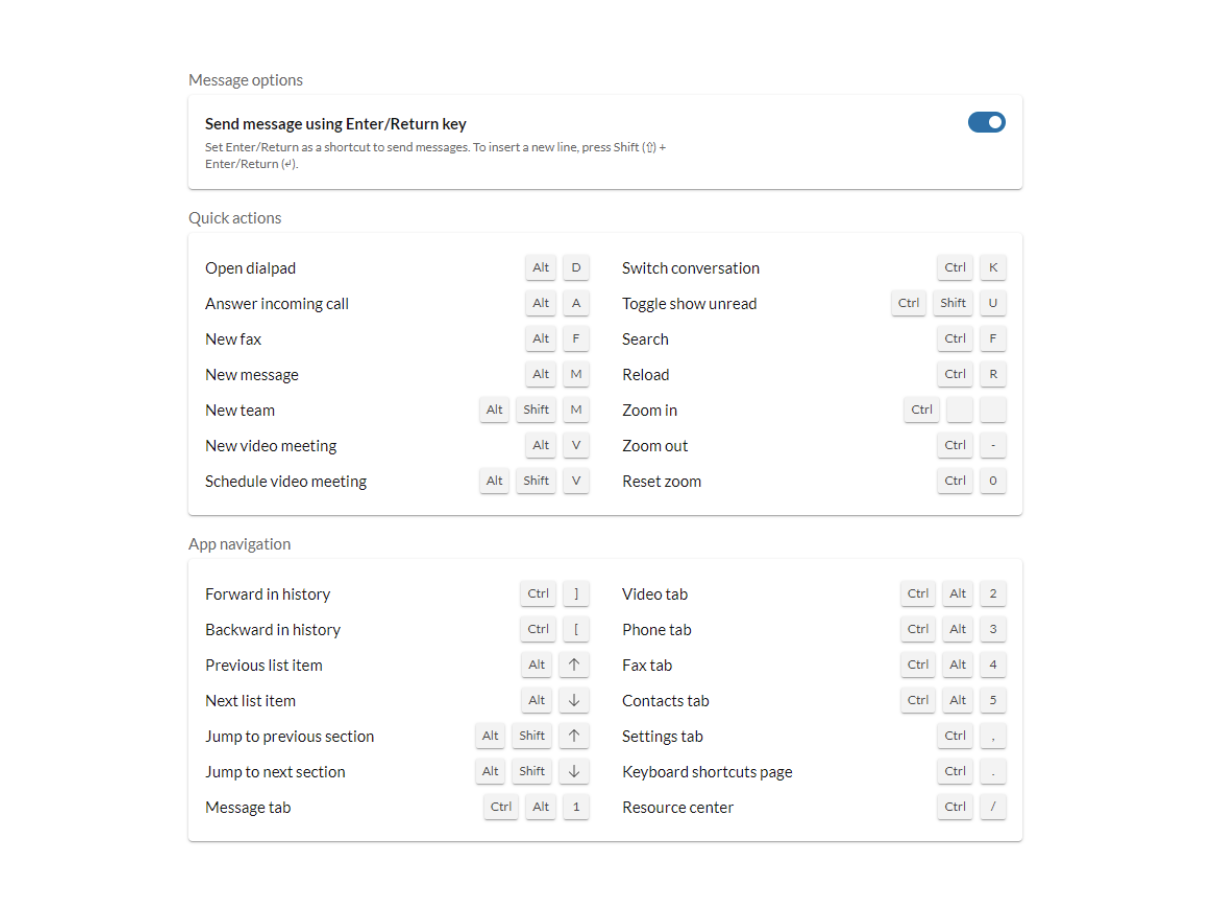 Using keyboard shortcuts in the app | VBUC